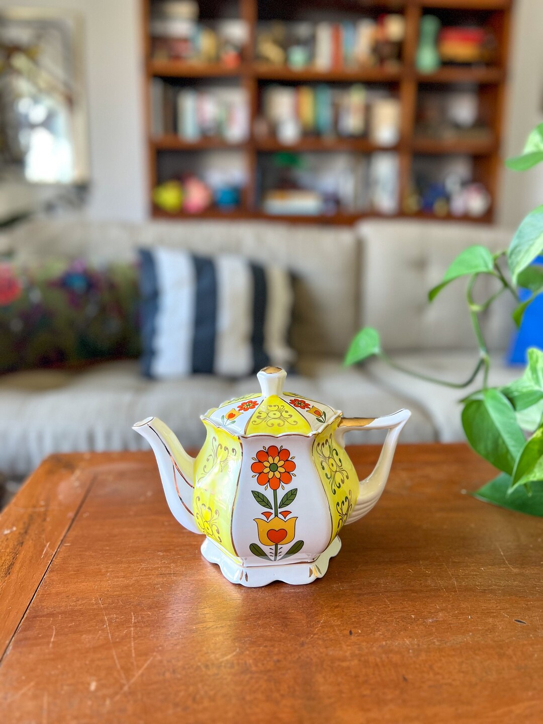Vintage Yellow Mod Teapot With Gold Details Garden Tea Party - Etsy