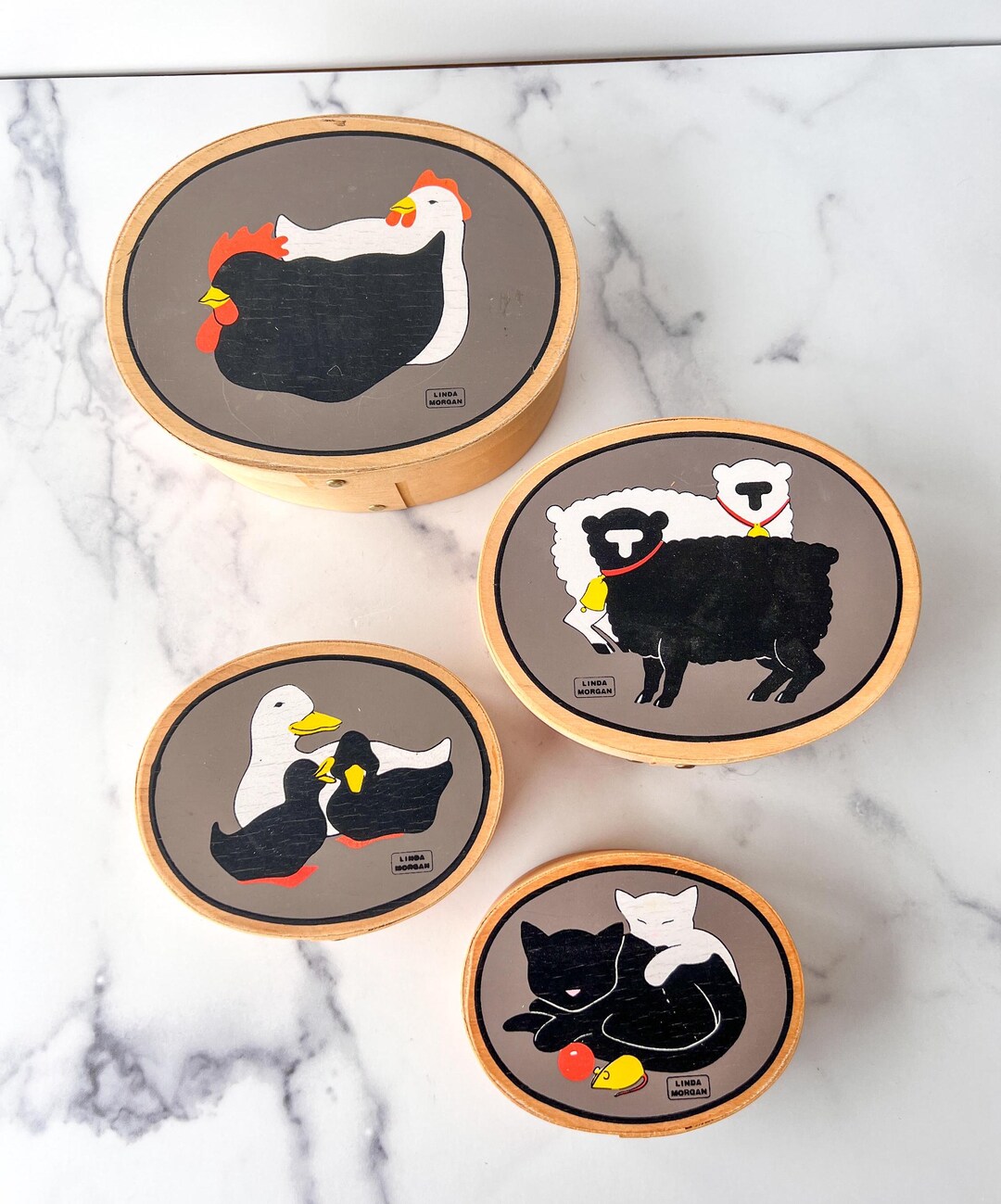 Set of Four Balsa Wood Nesting Boxes With Farm Animals, Linda Morgan ...