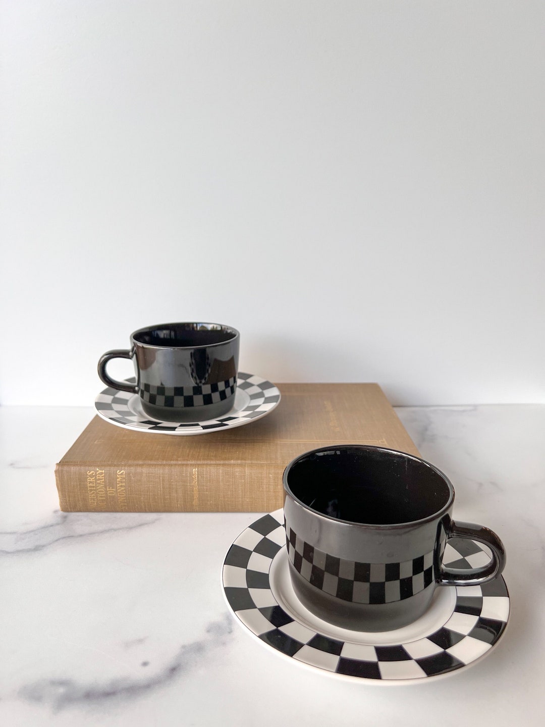 Pair of Coffee Mugs With Checkered Saucers, Black and White Kitchen ...