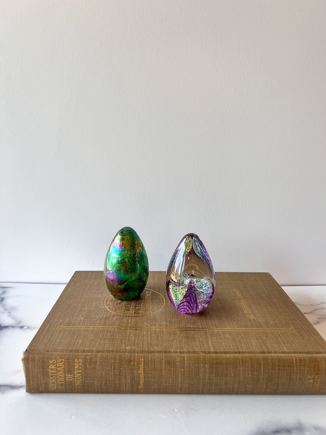 Pair of Egg-shaped Glass Paperweights, Green and Purple Glass, Free ...