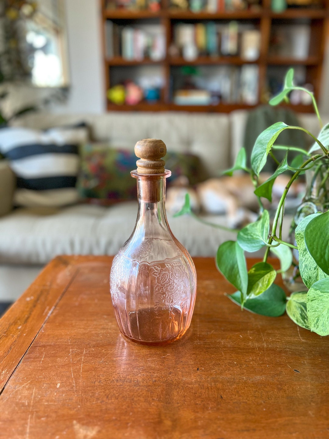 Vintage Mayfair Depression Glass Pink Decanter With Wooden Stopper ...