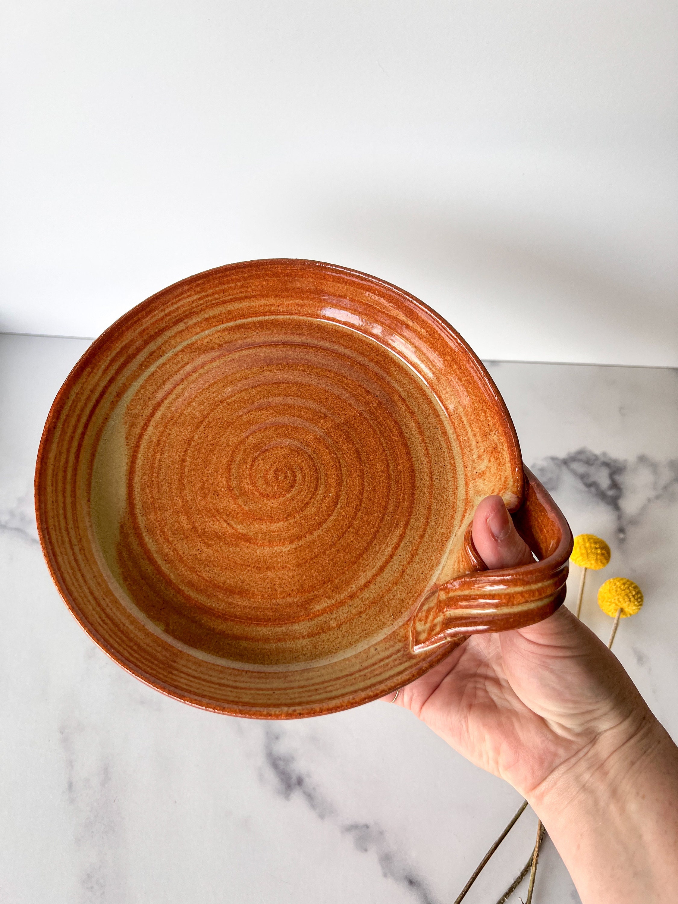 Vintage Circular Pottery Plate With Loop Handle, Handmade Ceramic ...