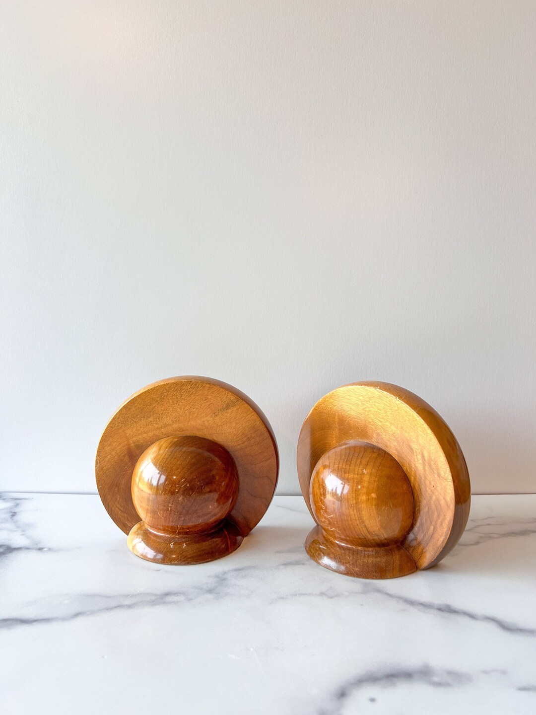 Vintage Art Deco Style Myrtle Wood Bookend Set, Unique Round Bookends ...