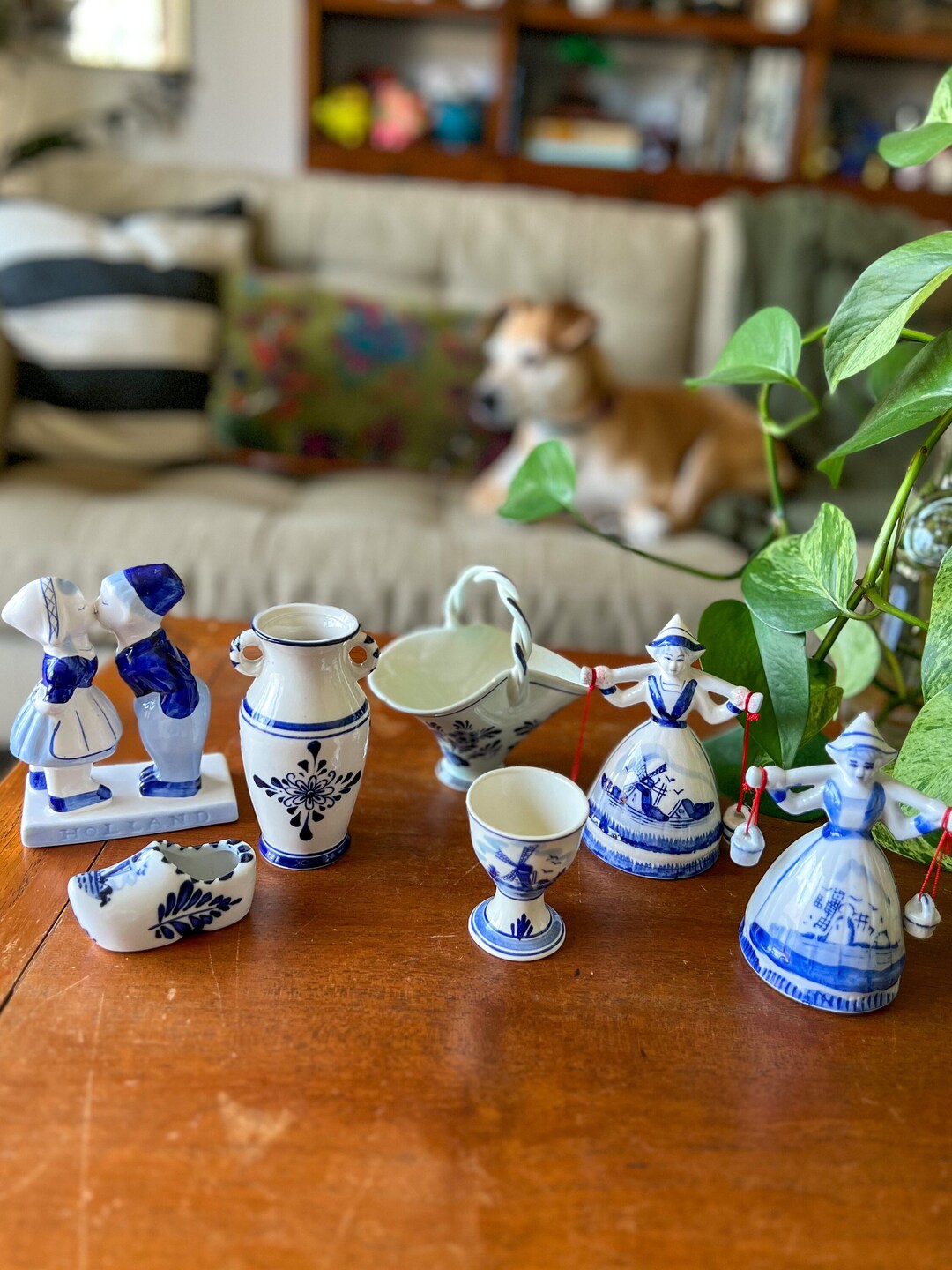 Set of Seven Delft Blue Miniatures Collection, Egg Cup Clog Vase Bells ...