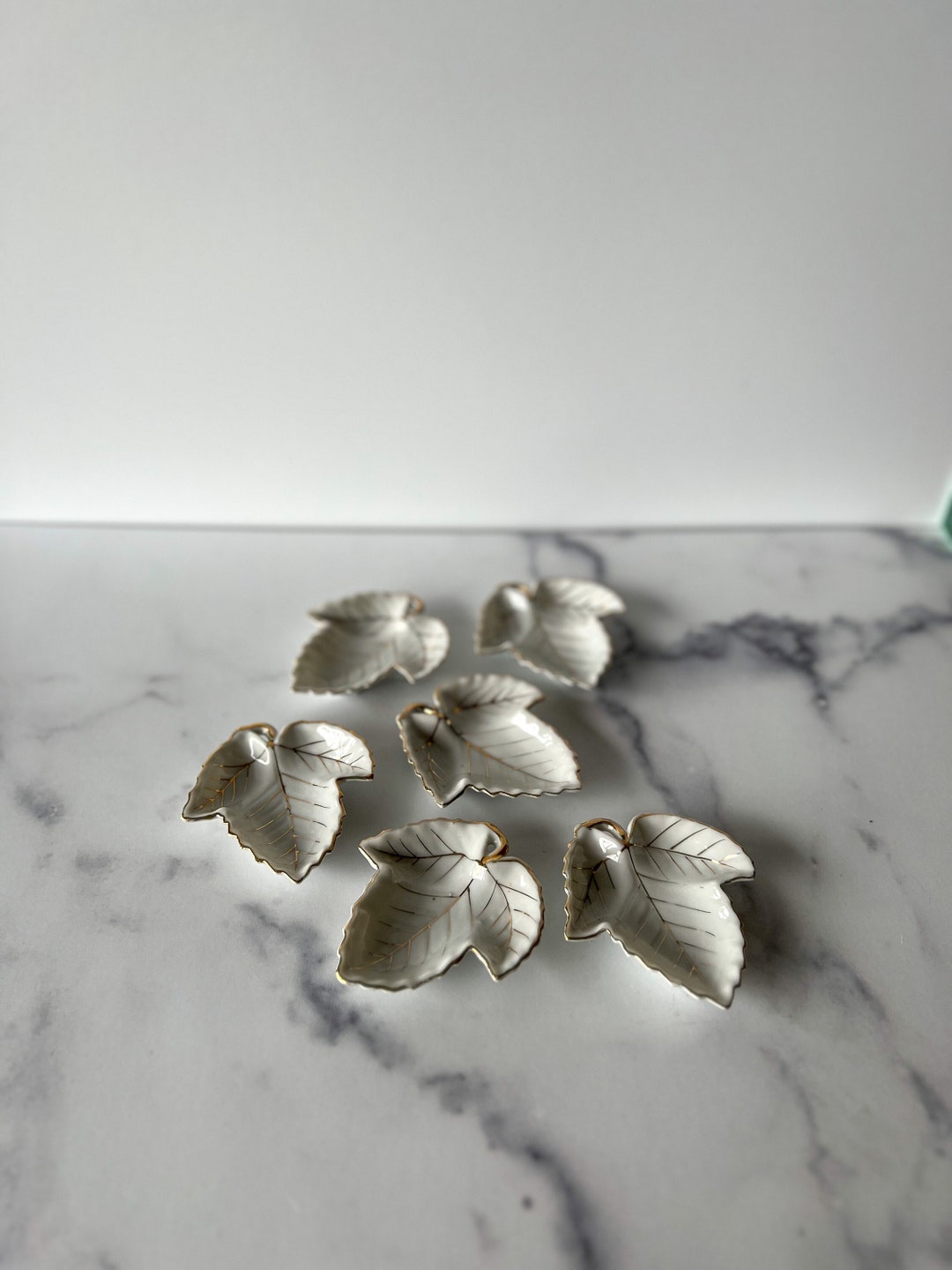 White and Gold Leaf Shaped Individual Salt Cellar Dishes Set of Six ...