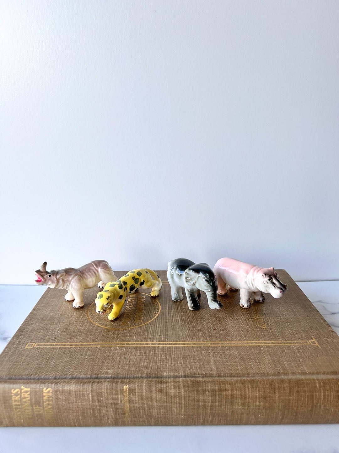 Set of Four Bisque and Ceramic African Animal Figurines, Leopard Rhino ...