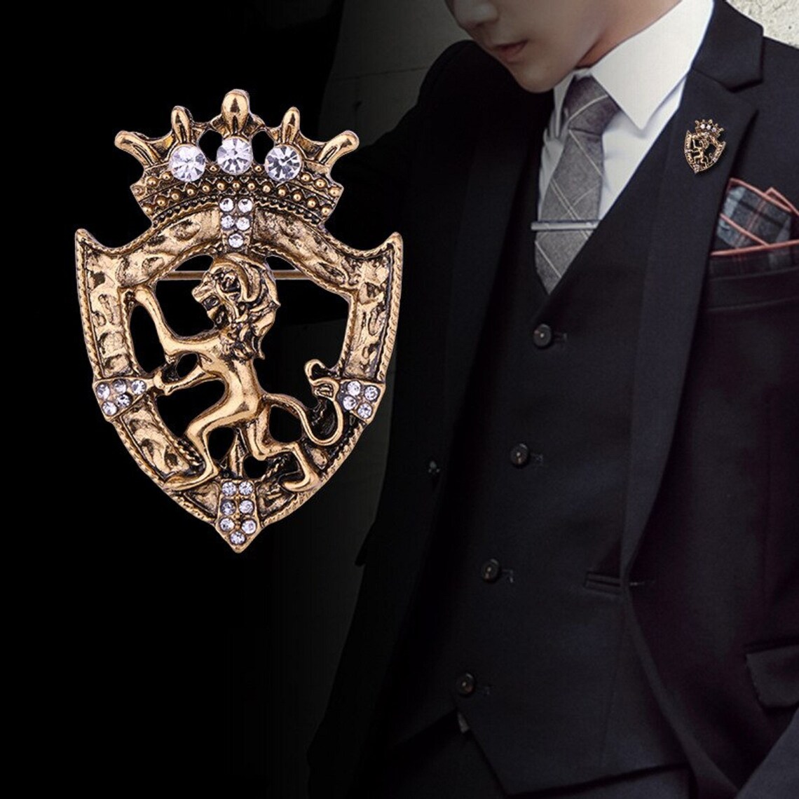 Retro Lion Crystal Brooch Pins Animal Crown Lapel Pin Corsage - Etsy