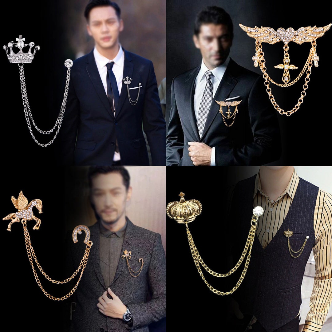 Premium Korean British Style Crown Bird Brooch Cross Suit Tassel Chain ...