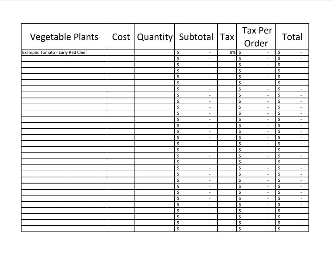 Vegetable Plant Cost Tracking Chart - Etsy