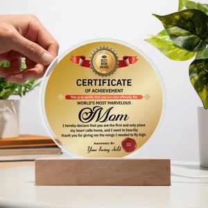 Best Mom Award Certificate Acrylic Plaque With LED Mothers Day Gift ...