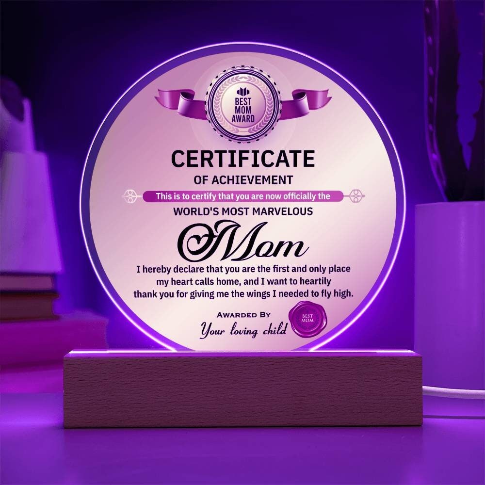 Best Mom Award Certificate Acrylic Plaque With LED Mothers Day Gift ...