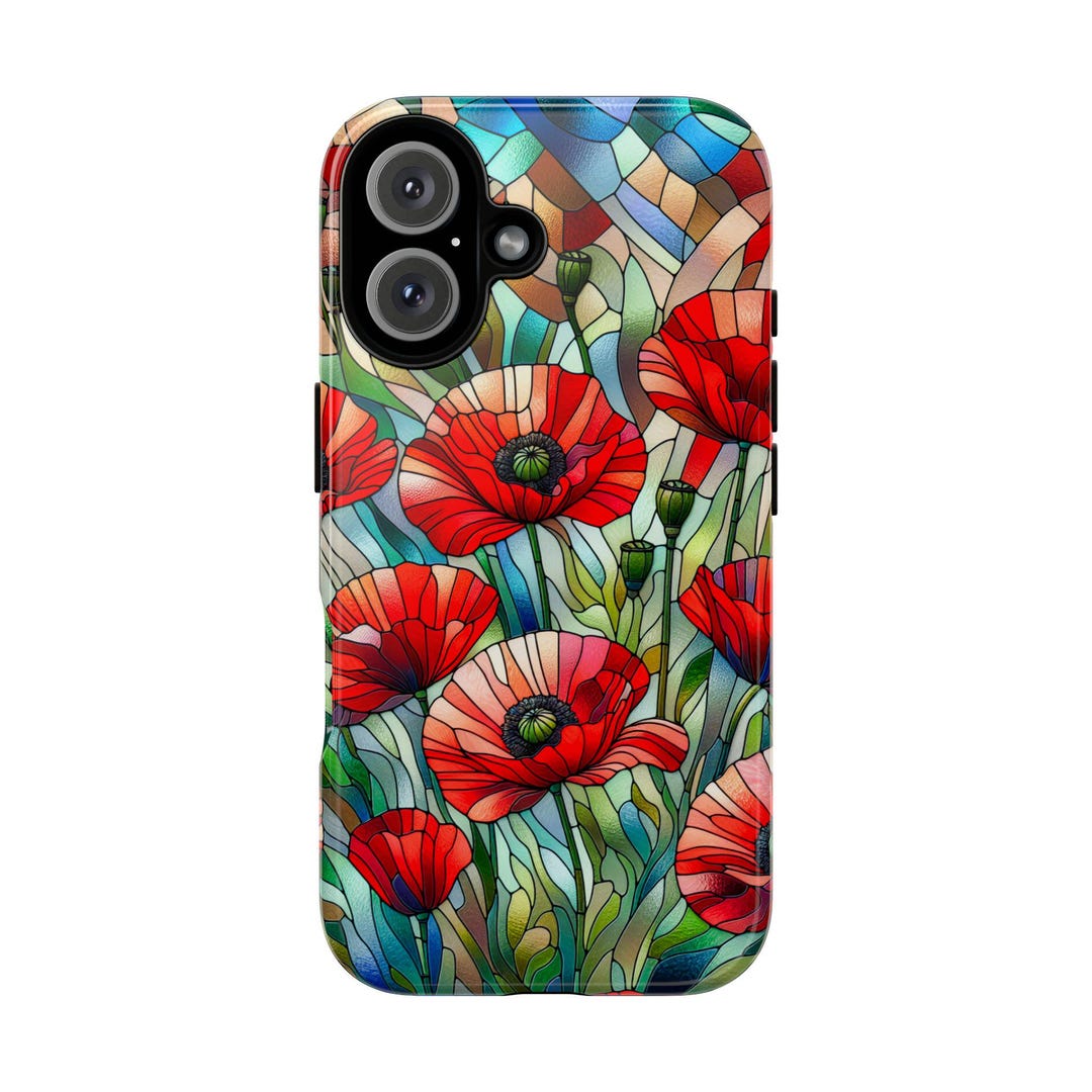 August Birth Flower Poppy Phone Cover, Faux Stained Glass Wildflower ...