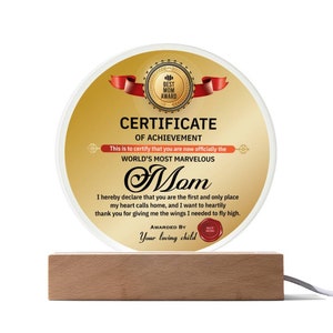 Best Mom Award Certificate Acrylic Plaque With LED Mothers Day Gift ...