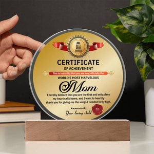 Best Mom Award Certificate Acrylic Plaque With LED Mothers Day Gift ...