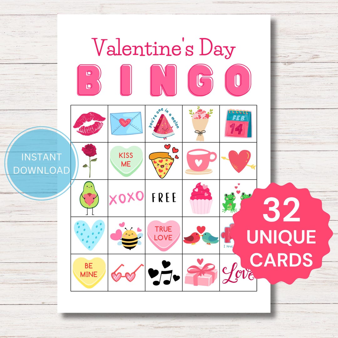 Valentines Bingo Game Cards Printable, Valentine's Day Bingo Cards ...