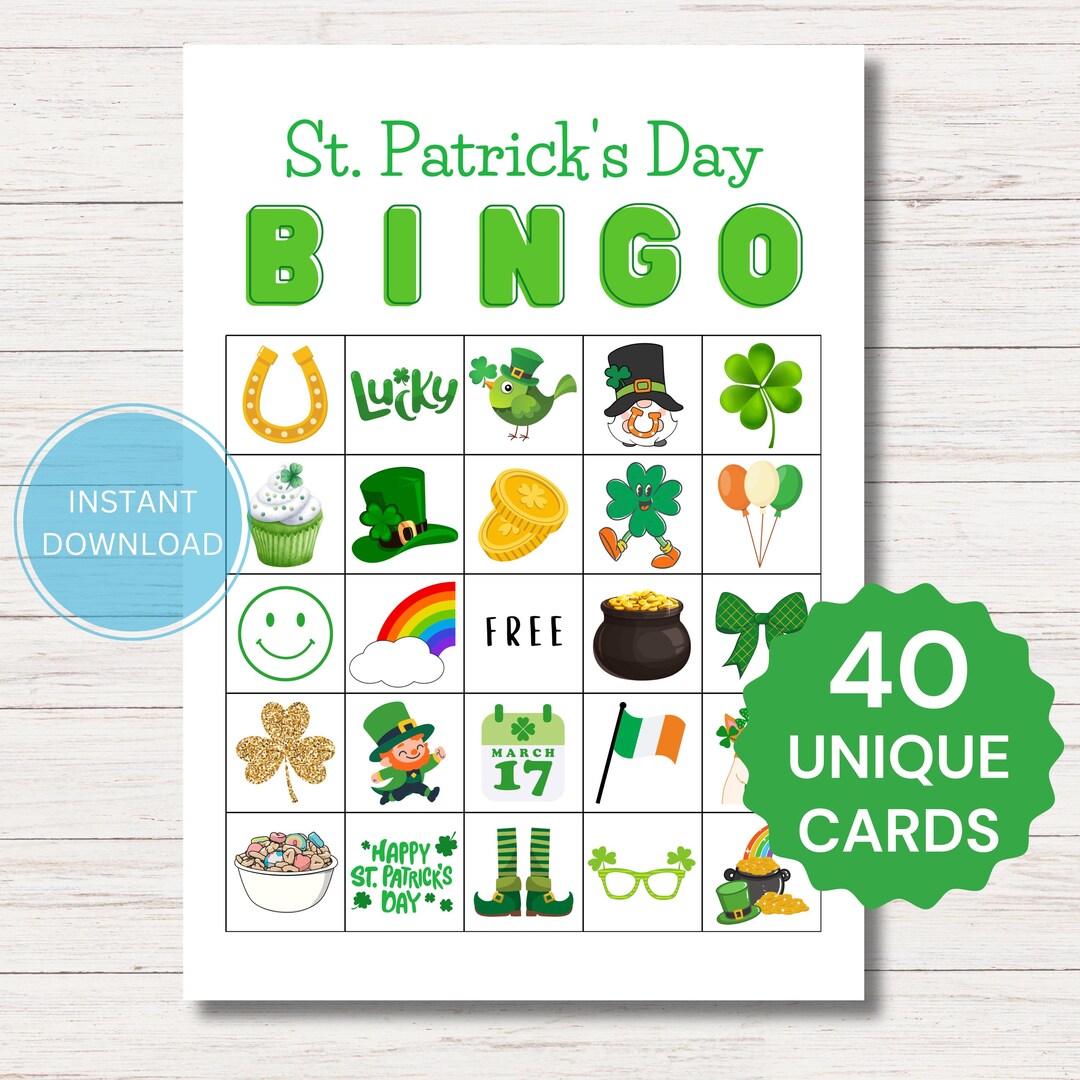 St. Patrick's Day Bingo Game Cards Printable, 40 St. Patrick's Bingo ...