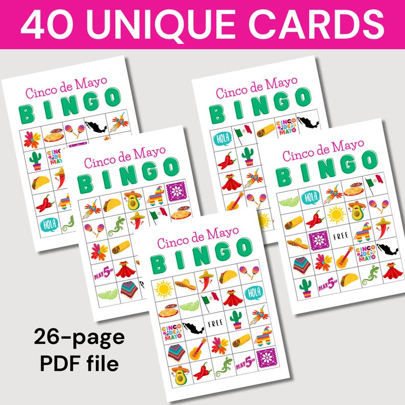 Cinco De Mayo Bingo Game Cards Printable, 40 Cinco De Mayo Bingo Cards ...