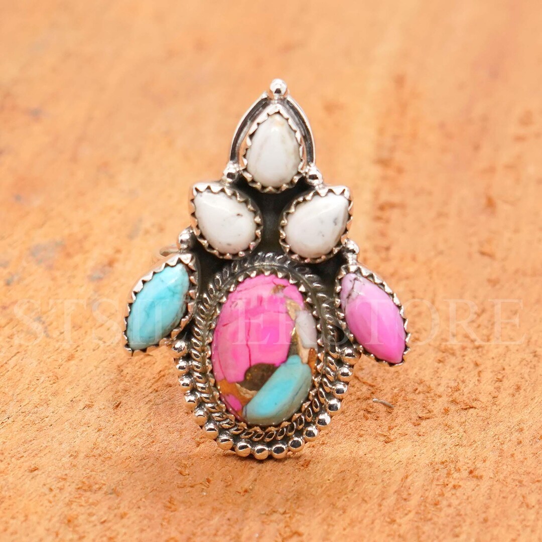 Pink Spiny Oyster Turquoise & White Howlite Sterling Silver Cluster ...