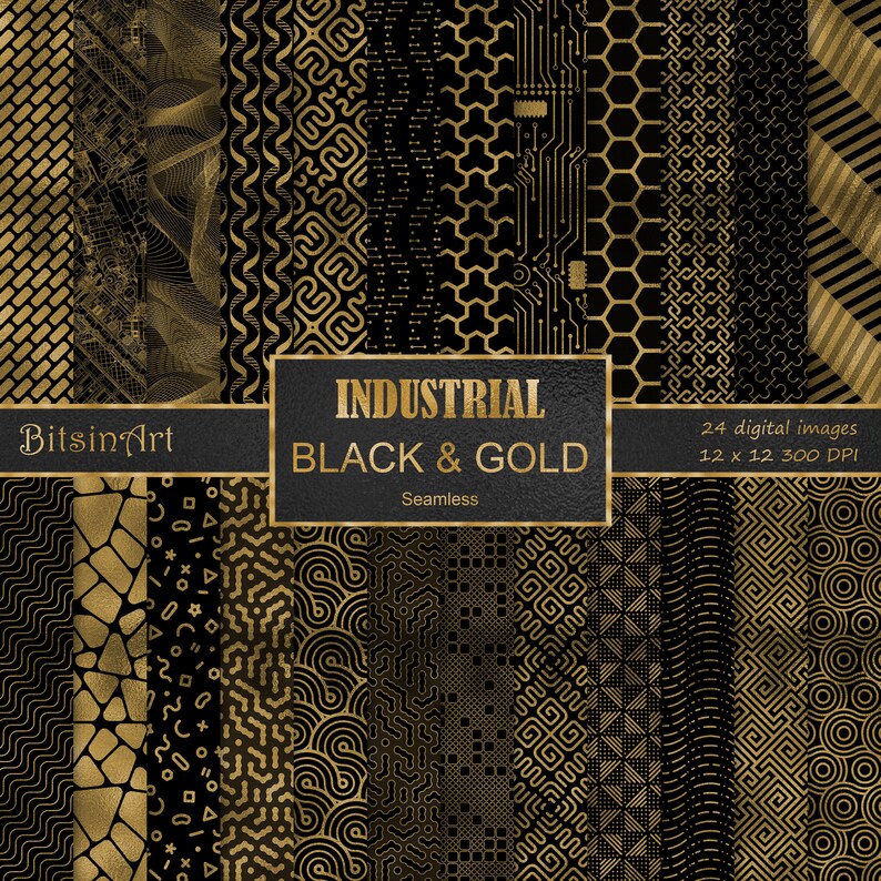Industrial Black and Gold Seamless Patterns, Seamless Industrial ...