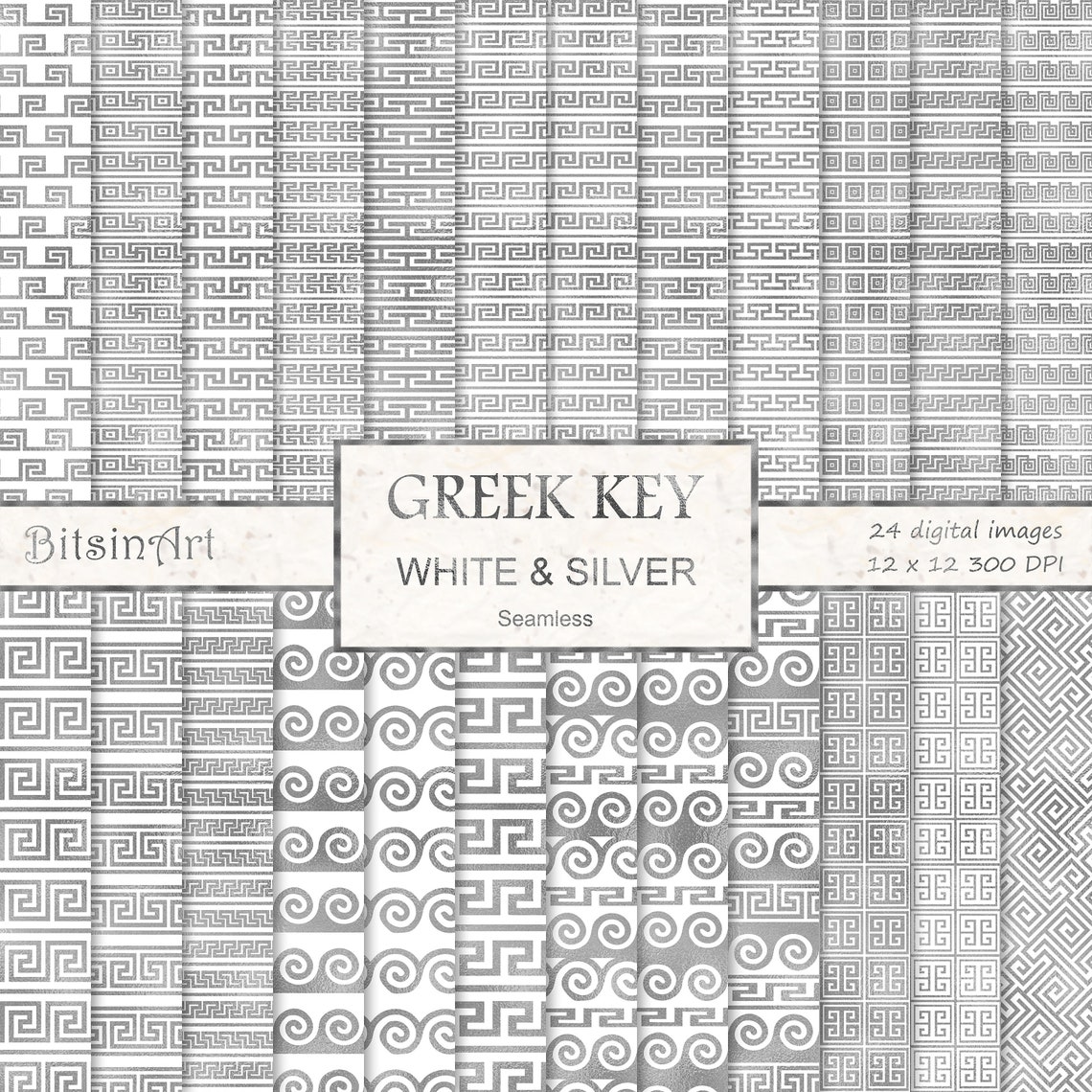 Greek Key White and Silver Seamless Patterns, Seamless Greek Digital ...