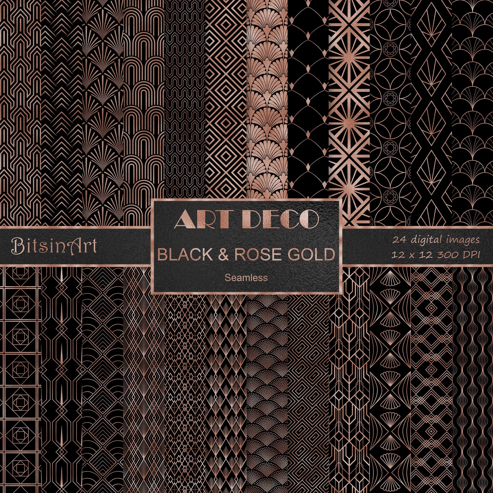 Art Deco Black and Rose Gold Seamless Patterns, Seamless Art Deco ...