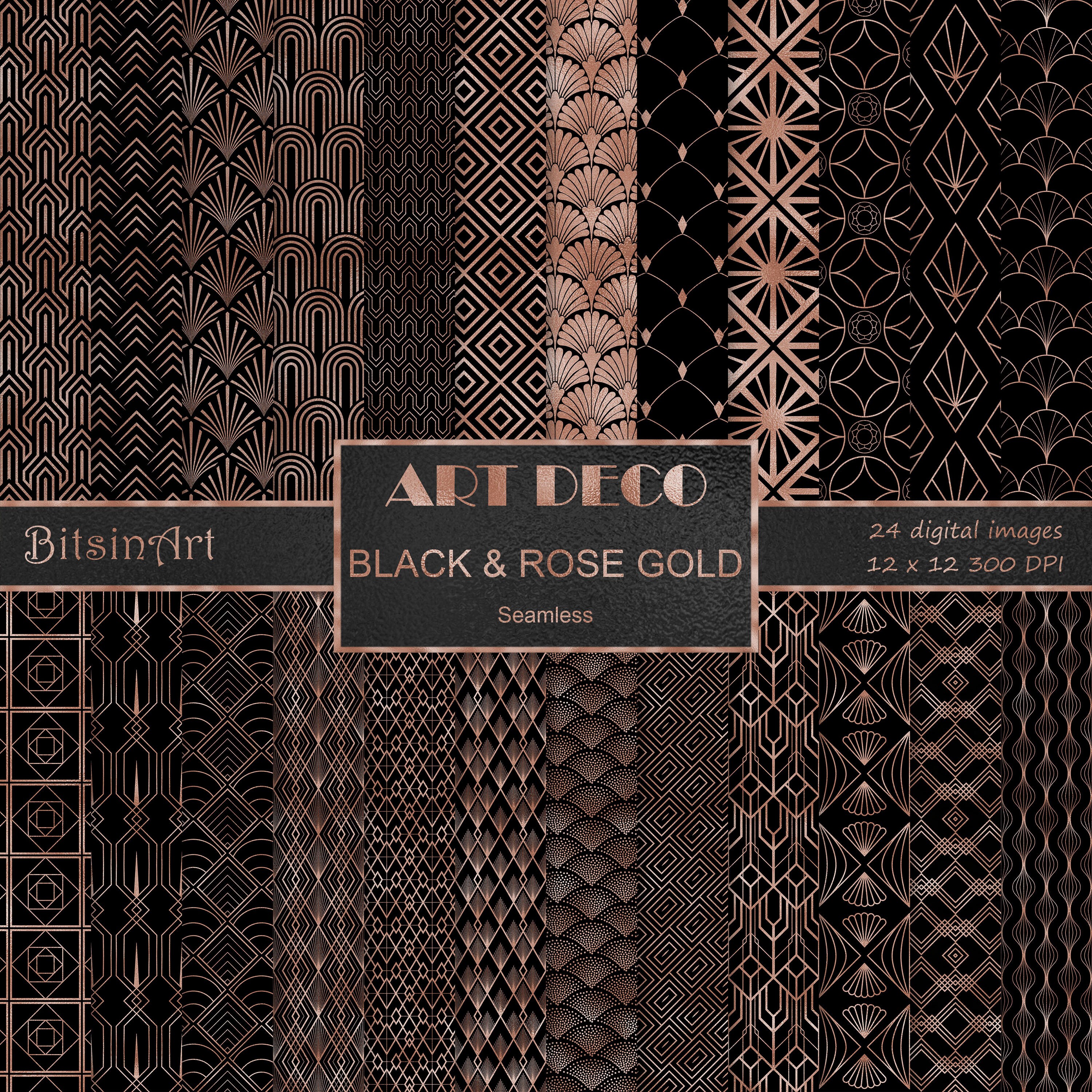 Art Deco Black and Rose Gold Seamless Patterns, Seamless Art Deco ...