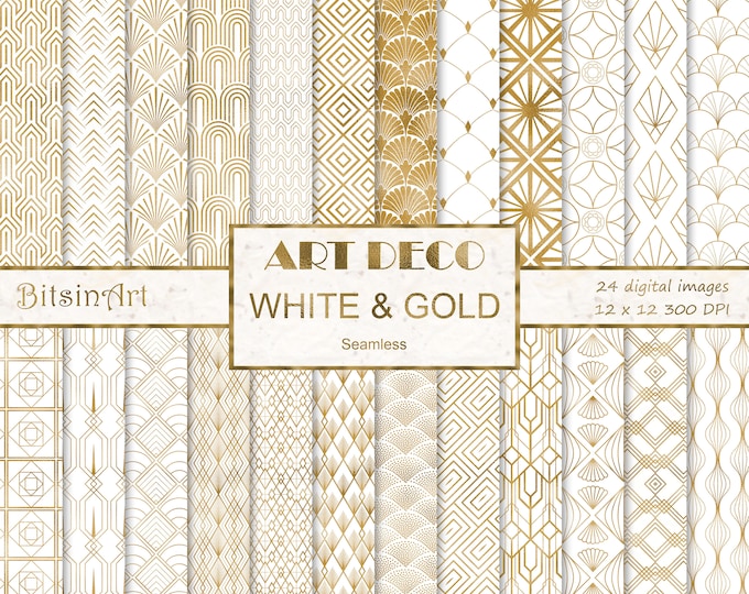 Art Deco White and Gold Seamless Patterns, Seamless Art Deco Digital ...