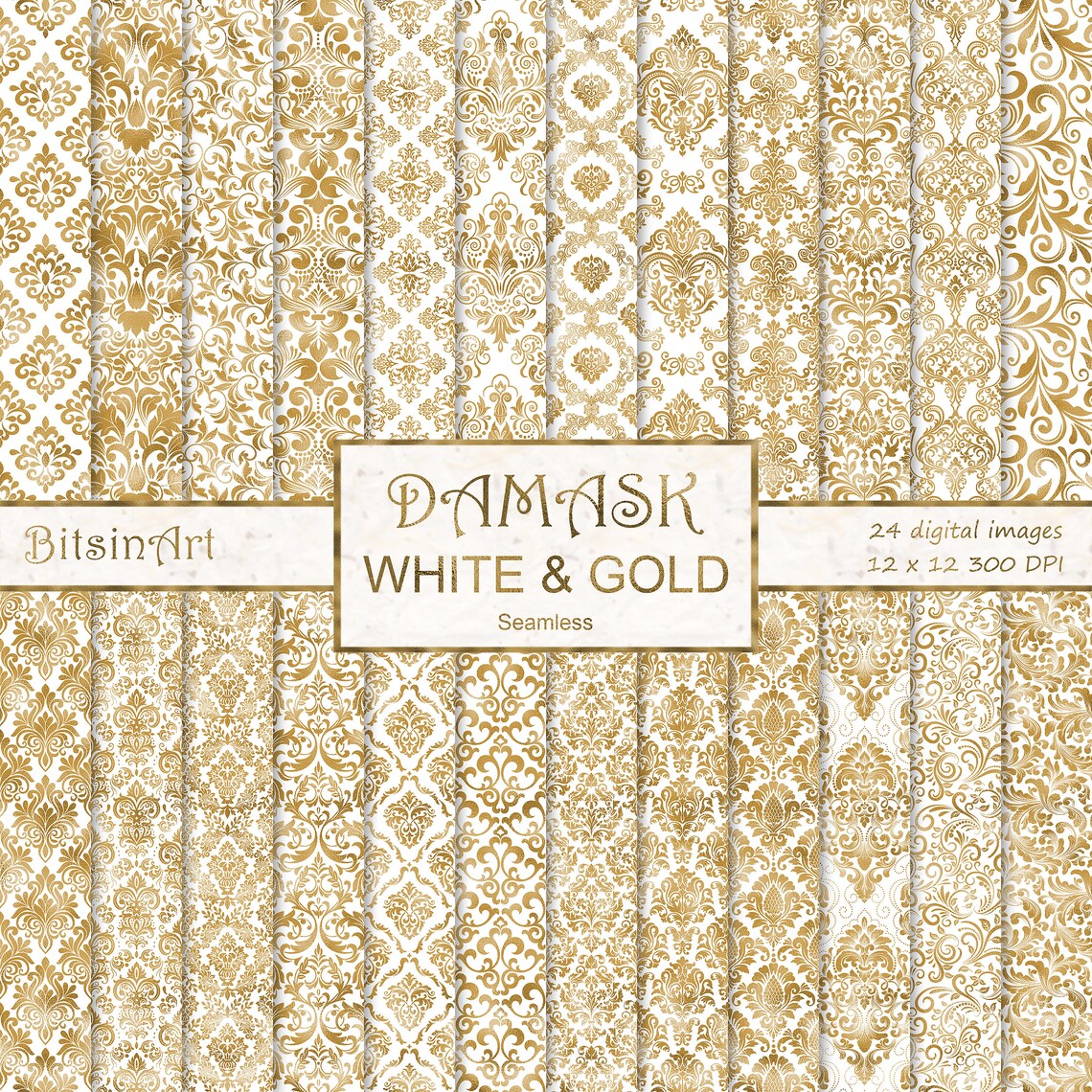 Damask White and Gold Seamless Patterns, Seamless Damask Digital Paper ...