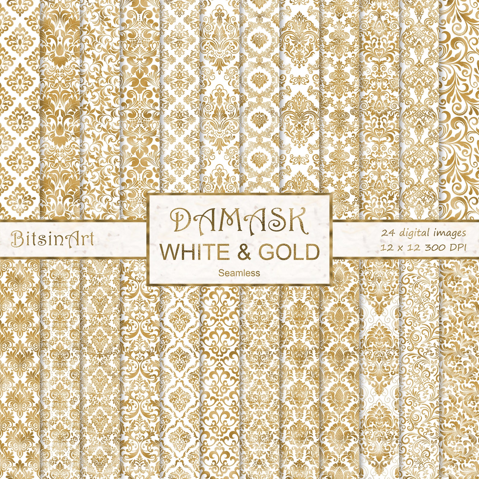 Damask White and Gold Seamless Patterns, Seamless Damask Digital Paper ...