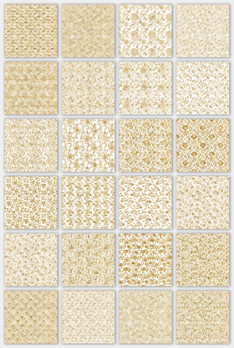 Floral White and Gold Seamless Patterns, Seamless Floral Digital Paper ...