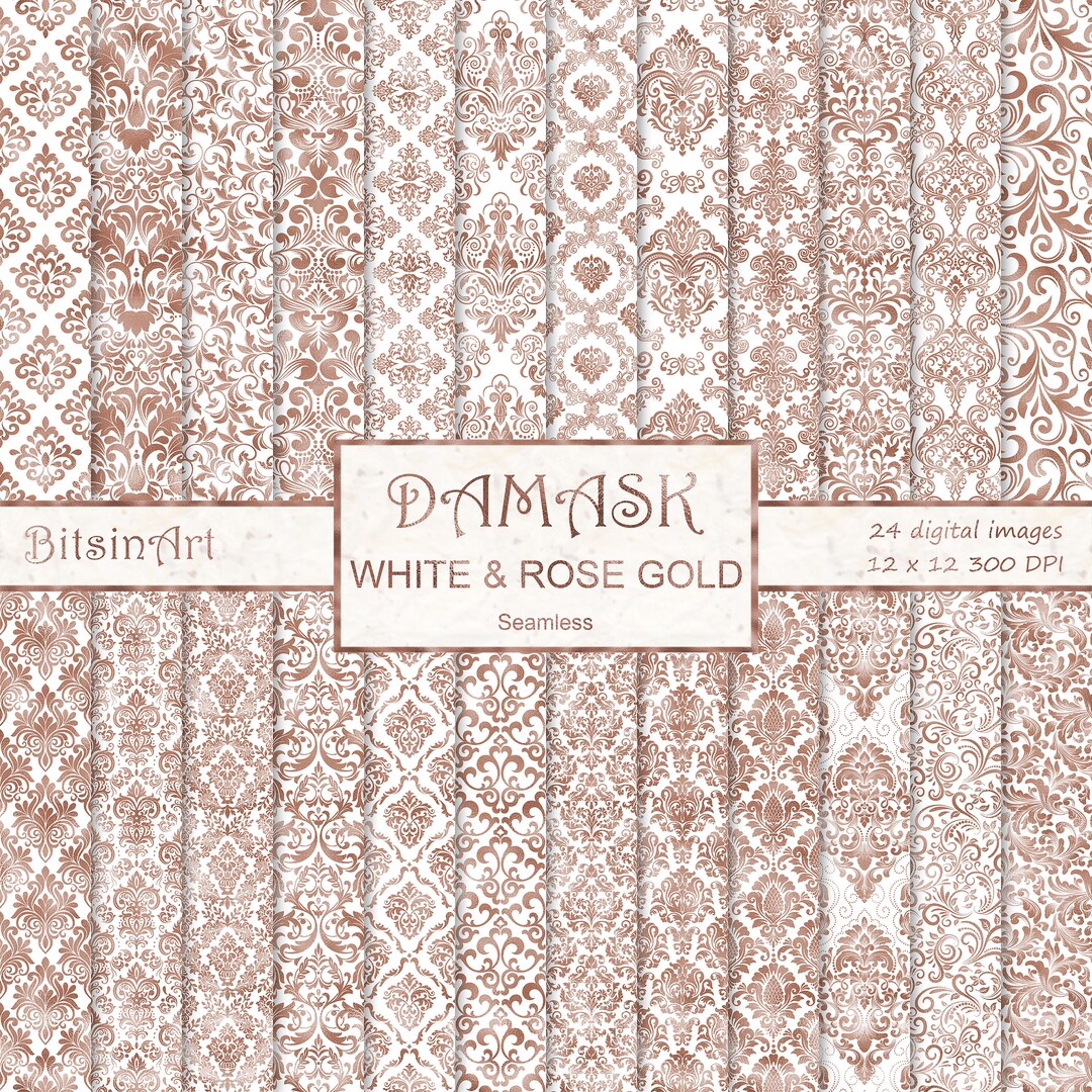 Damask White and Rose Gold Seamless Patterns, Seamless Damask Digital ...