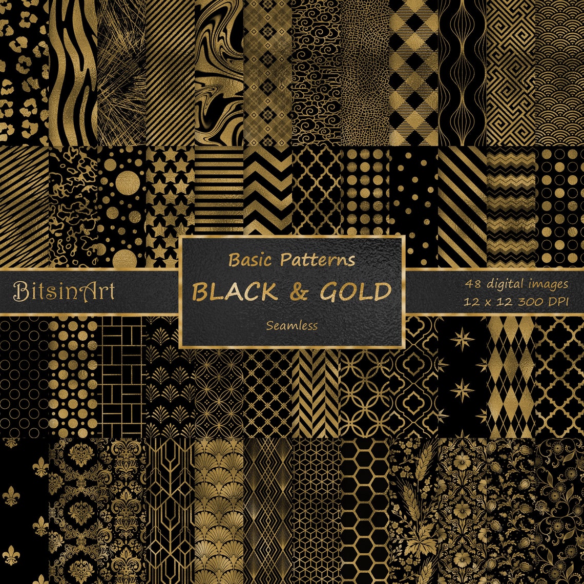 Black and Gold Seamless Patterns, Seamless Black and Gold Digital Paper ...
