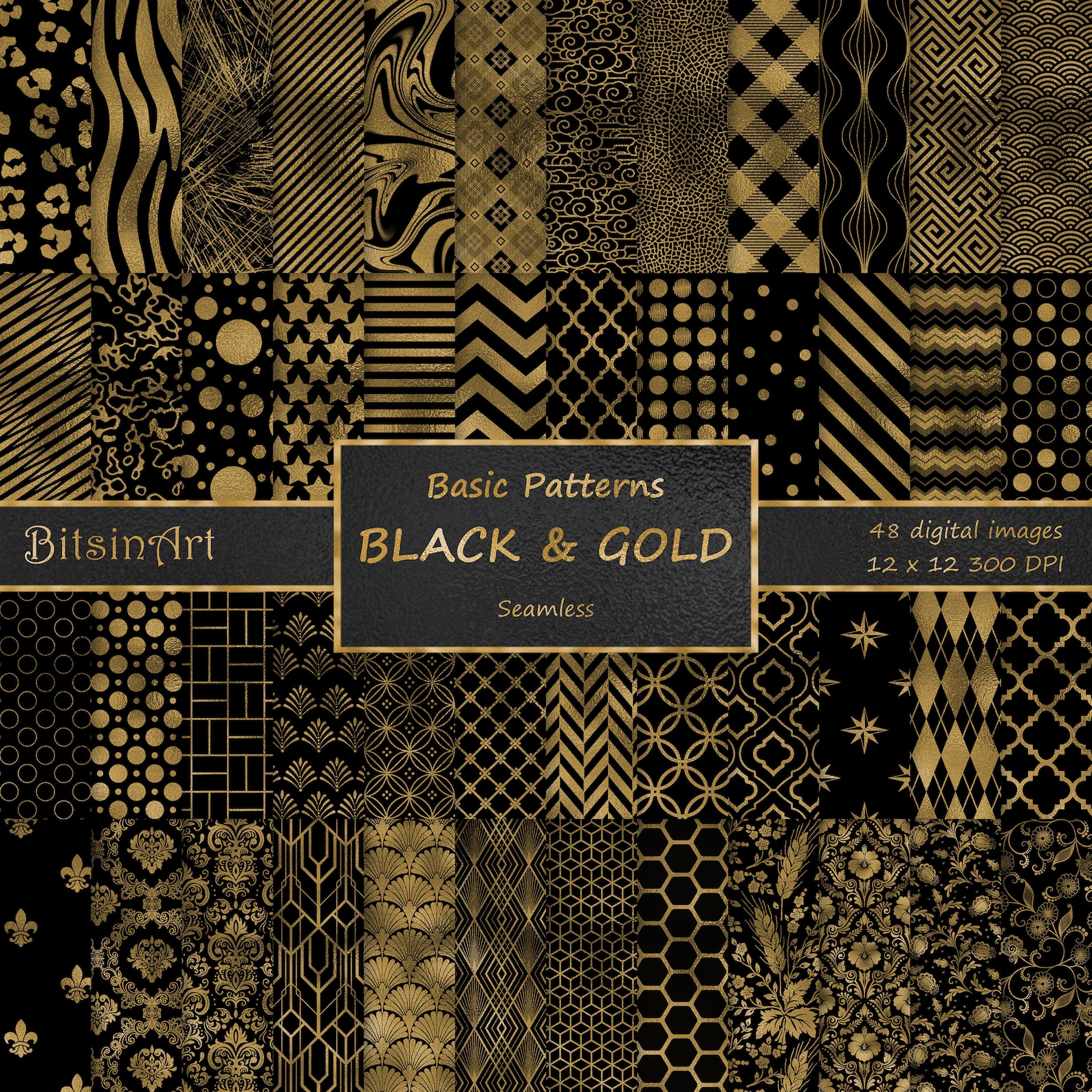 Black and Gold Seamless Patterns, Seamless Black and Gold Digital Paper ...