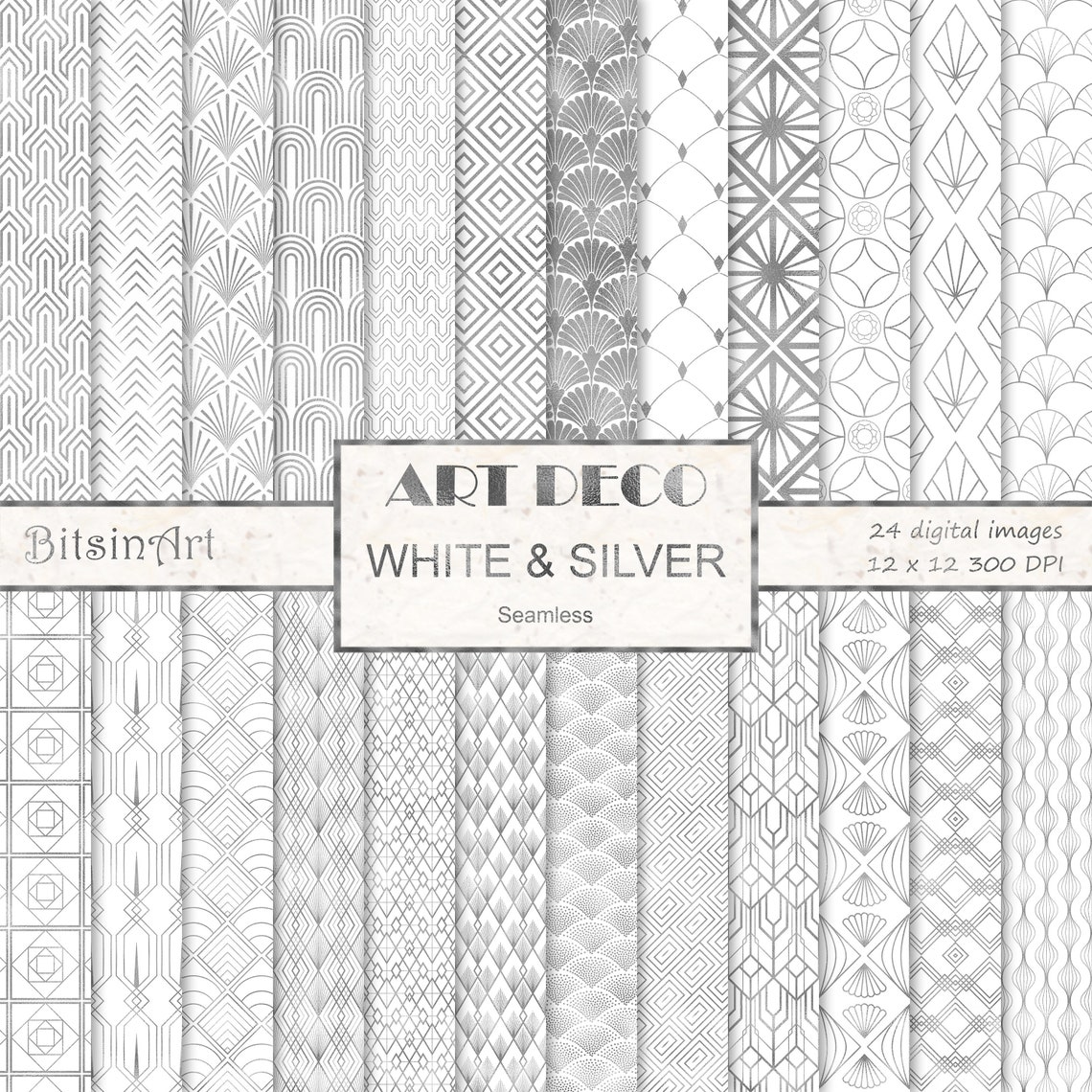 Art Deco White and Silver Seamless Patterns, Seamless Art Deco Digital ...