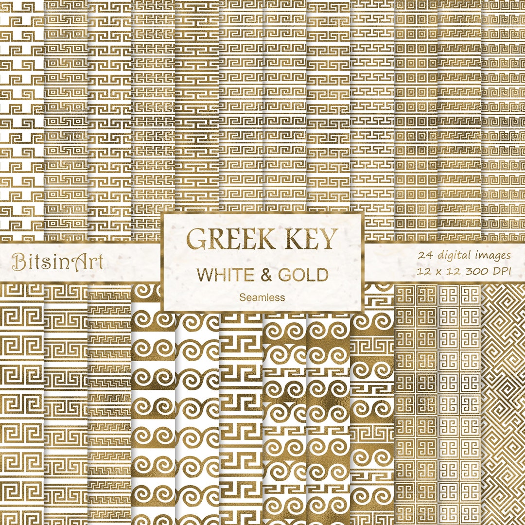 Greek Key White and Gold Seamless Patterns, Seamless Greek Key Digital ...