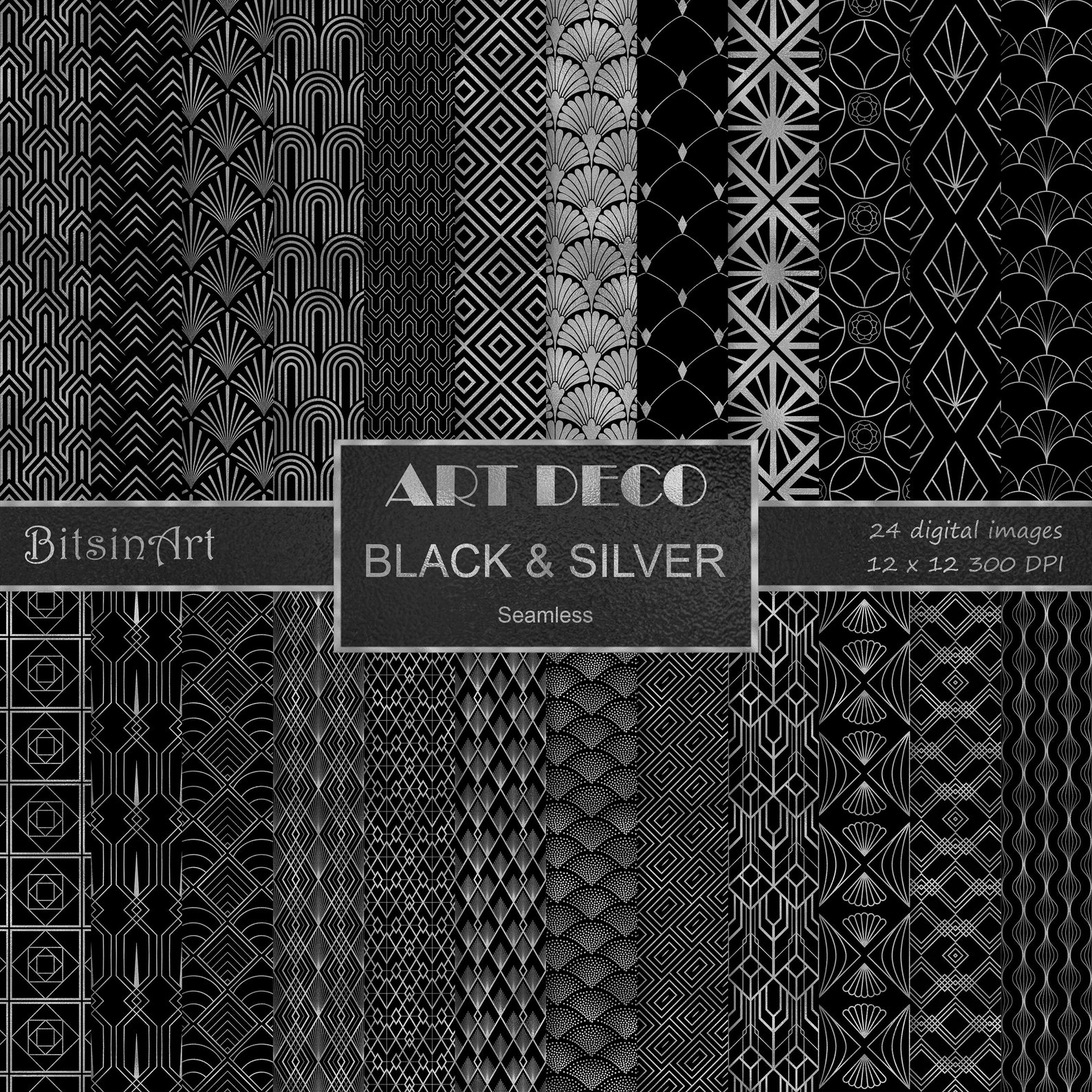 Art Deco Black and Silver Seamless Patterns, Seamless Art Deco Digital ...