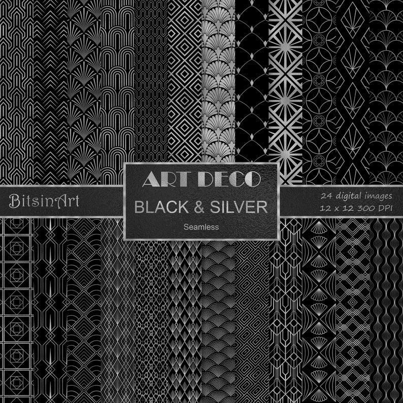 Art Deco Black and Silver Seamless Patterns, Seamless Art Deco Digital ...