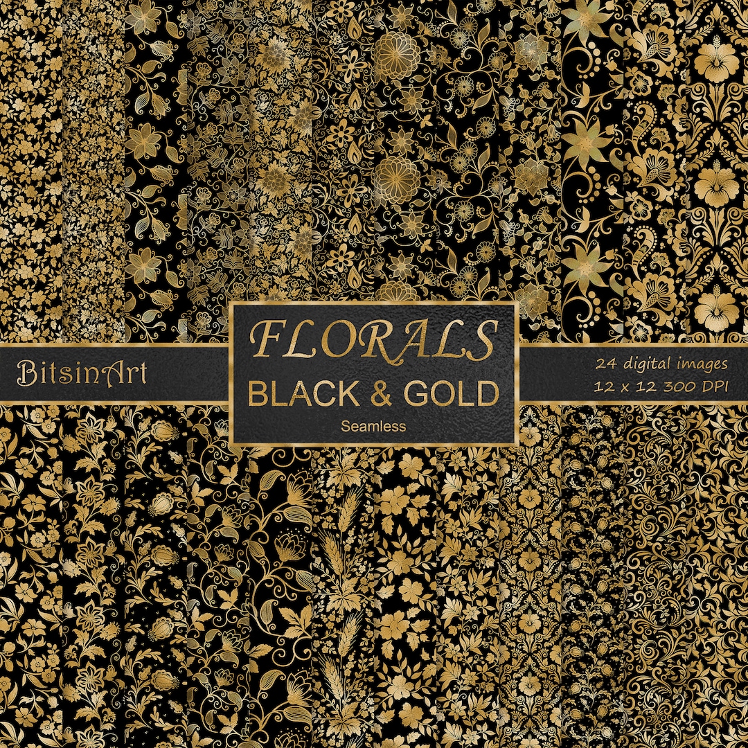 Floral Black and Gold Seamless Patterns, Seamless Floral Digital Paper ...