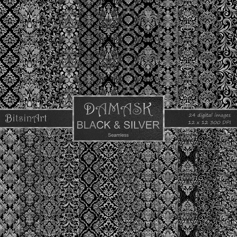 Damask Black and Silver Seamless Patterns, Seamless Damask Digital ...