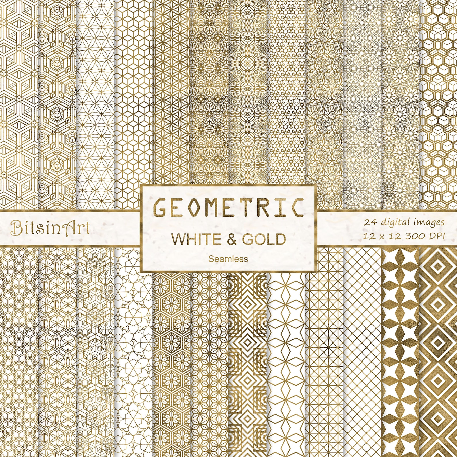 Geometric White and Gold Seamless Patterns, Seamless Geometric Digital ...
