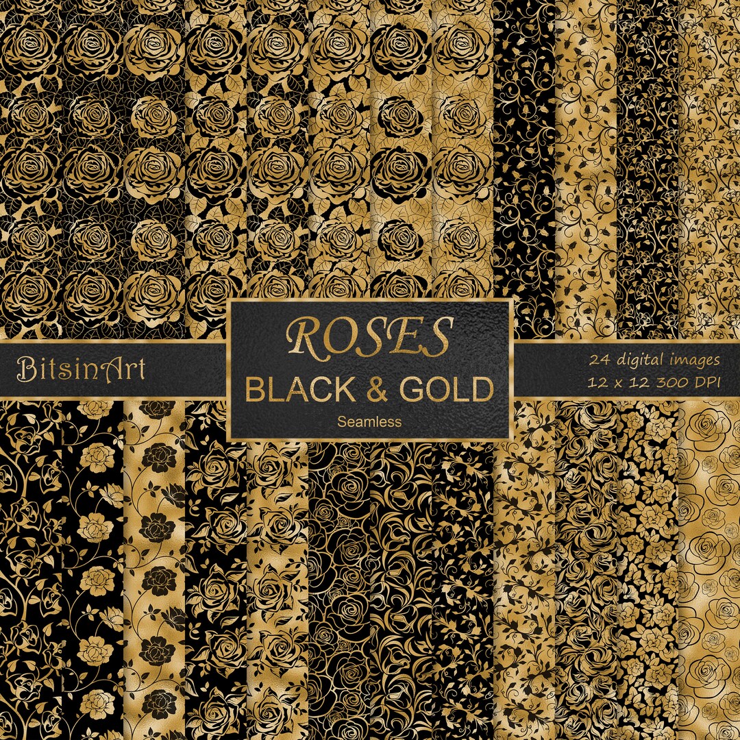 Roses Black and Gold Seamless Patterns, Seamless Floral Digital Paper ...