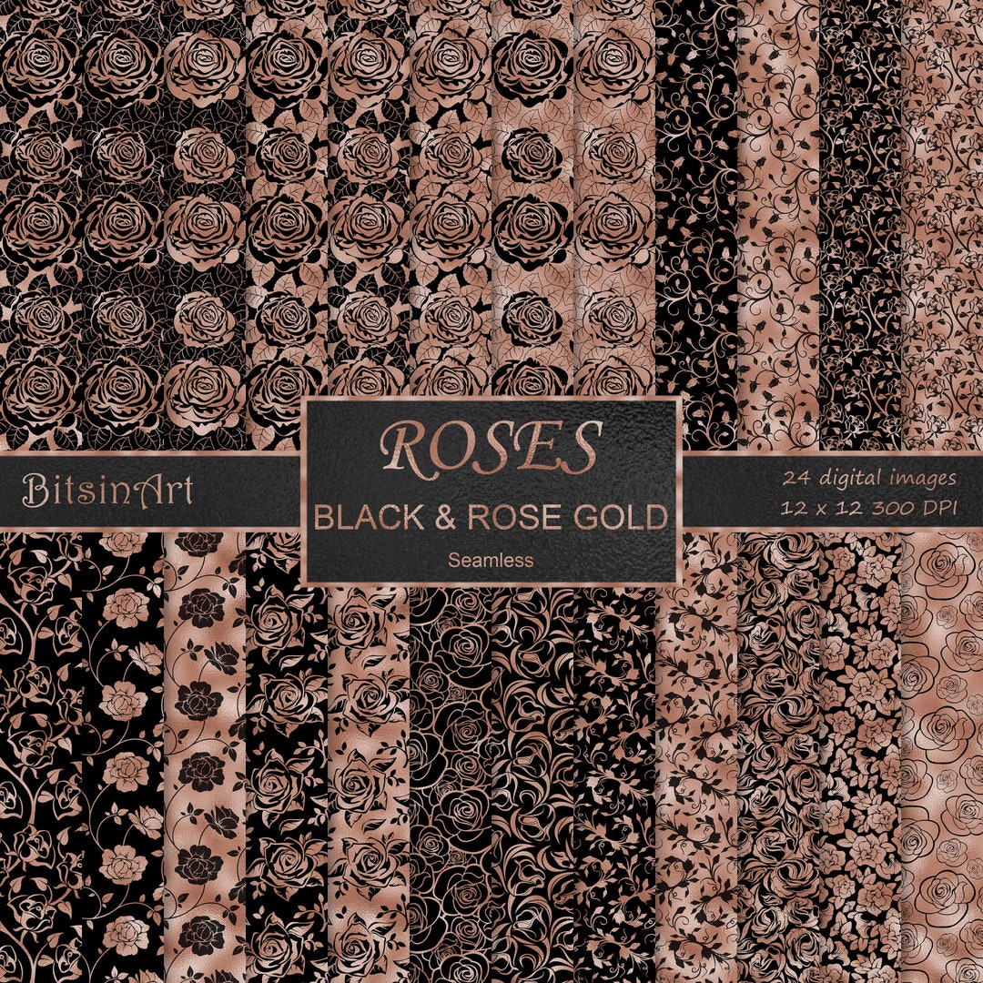 Roses Black and Rose Gold Seamless Patterns, Seamless Floral Digital ...
