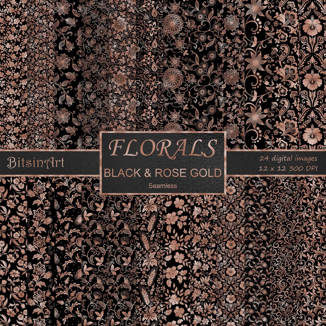 Floral Black and Rose Gold Seamless Patterns, Seamless Floral Digital ...