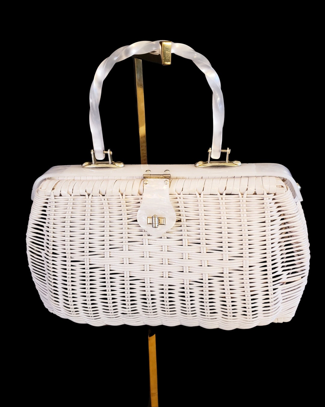1960s White Wicker Purse With Moonglow Lucite Hardware Pretty Woven ...