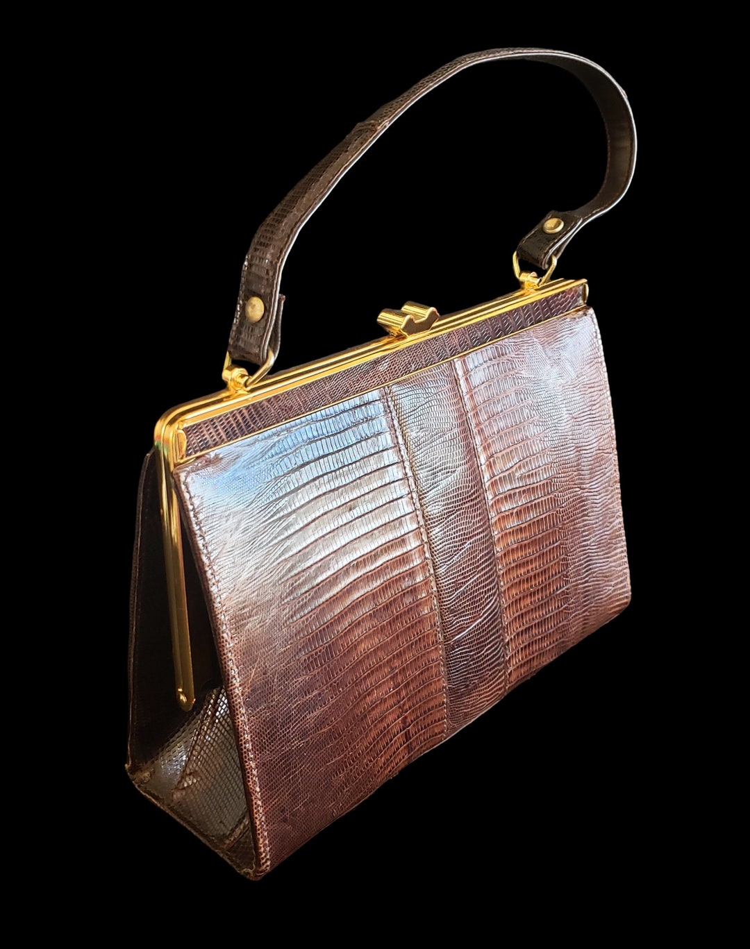 1950s Embossed Leather Structured Purse - Mock Croc - Pretty Gold ...