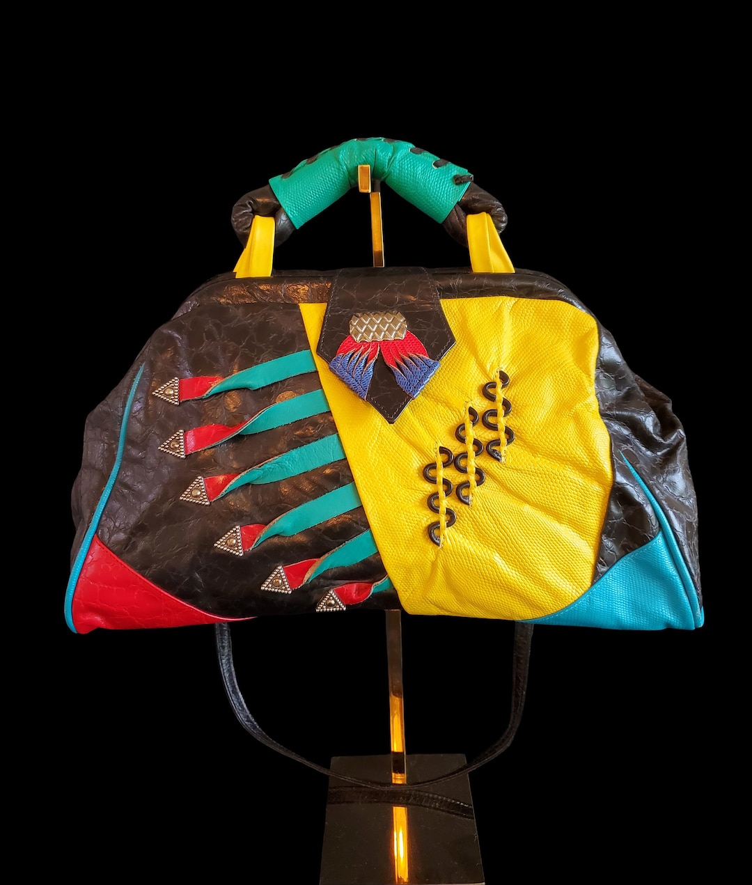80's Vibrant Embellished Patchwork Leather Purse - Top Handle With ...