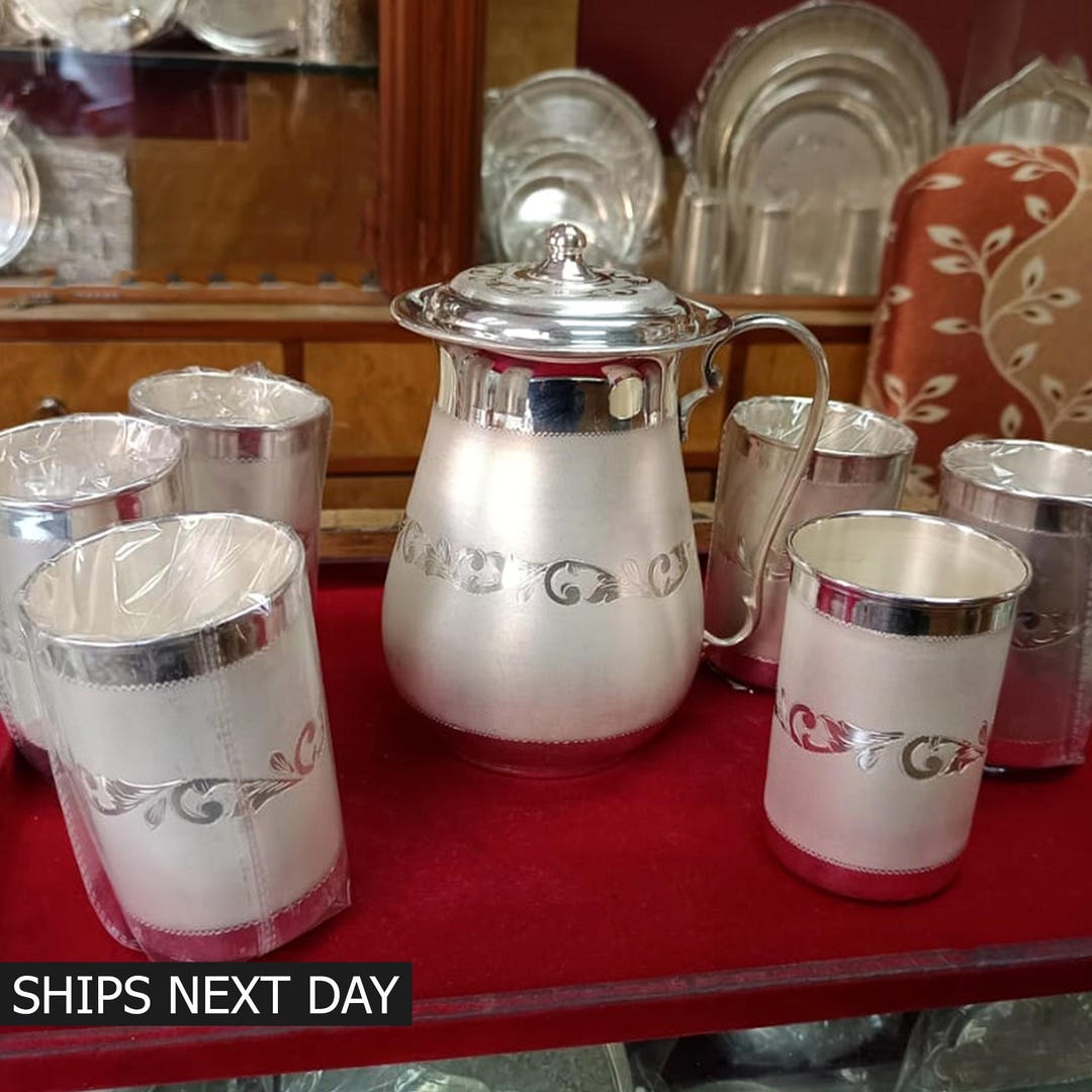 Pure Silver Water Jug / Pitcher Set of 6 Glasses Silver Jug Set ...