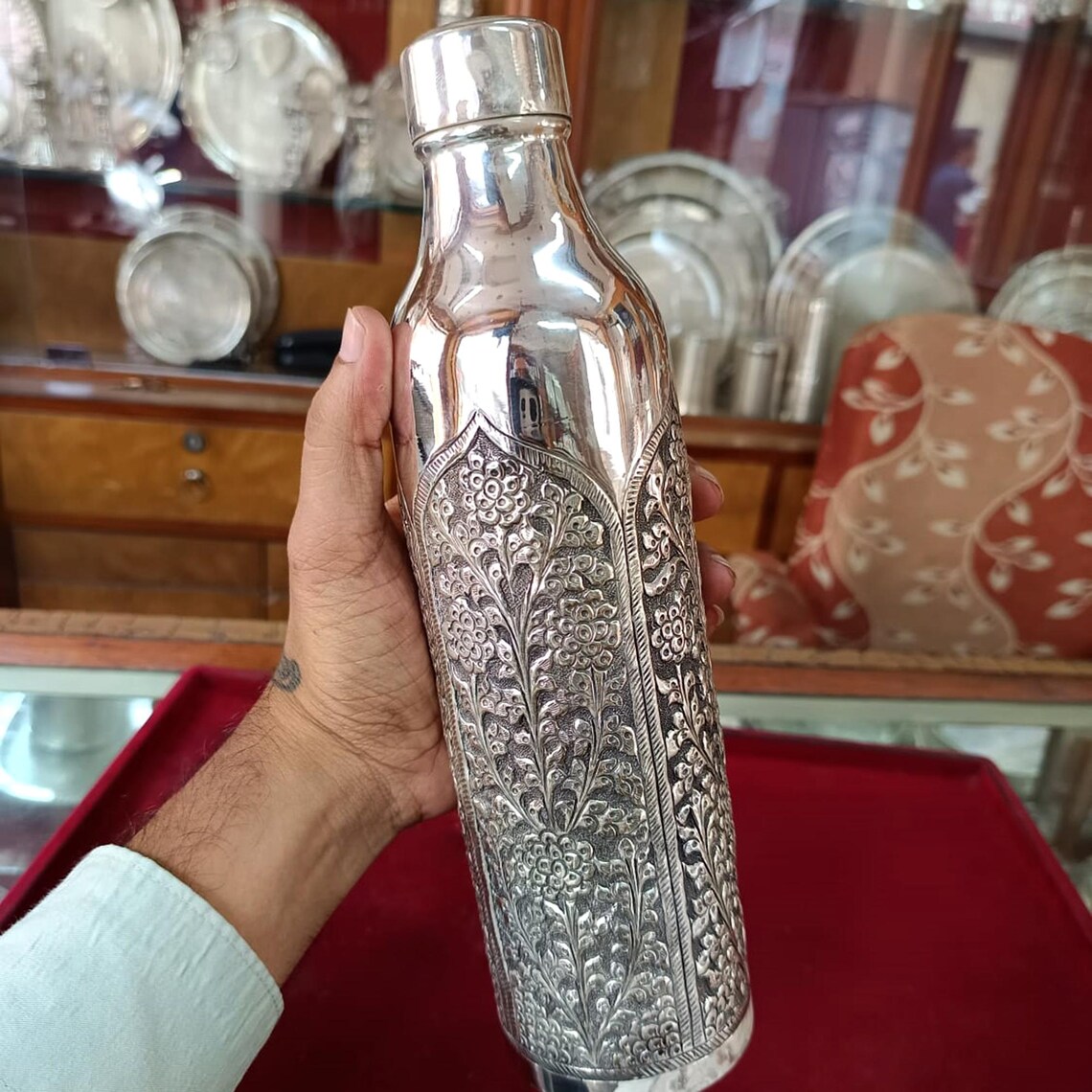 925 Pure Silver Water Bottle, Embossed Floral Design, 1 Liter - Etsy