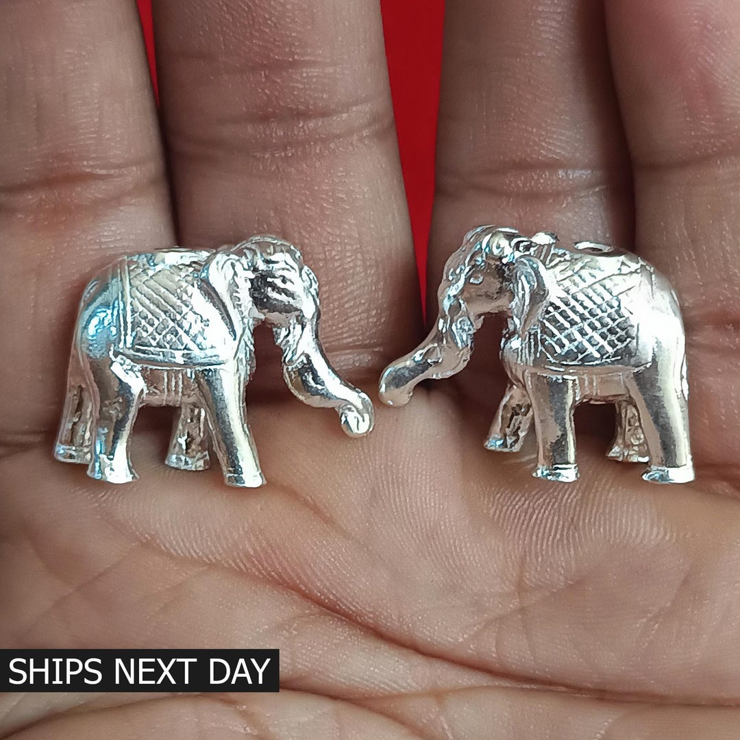 925 Elephant Idol Solid Statue Silver Figurine Trunk Down Elephant Pair ...