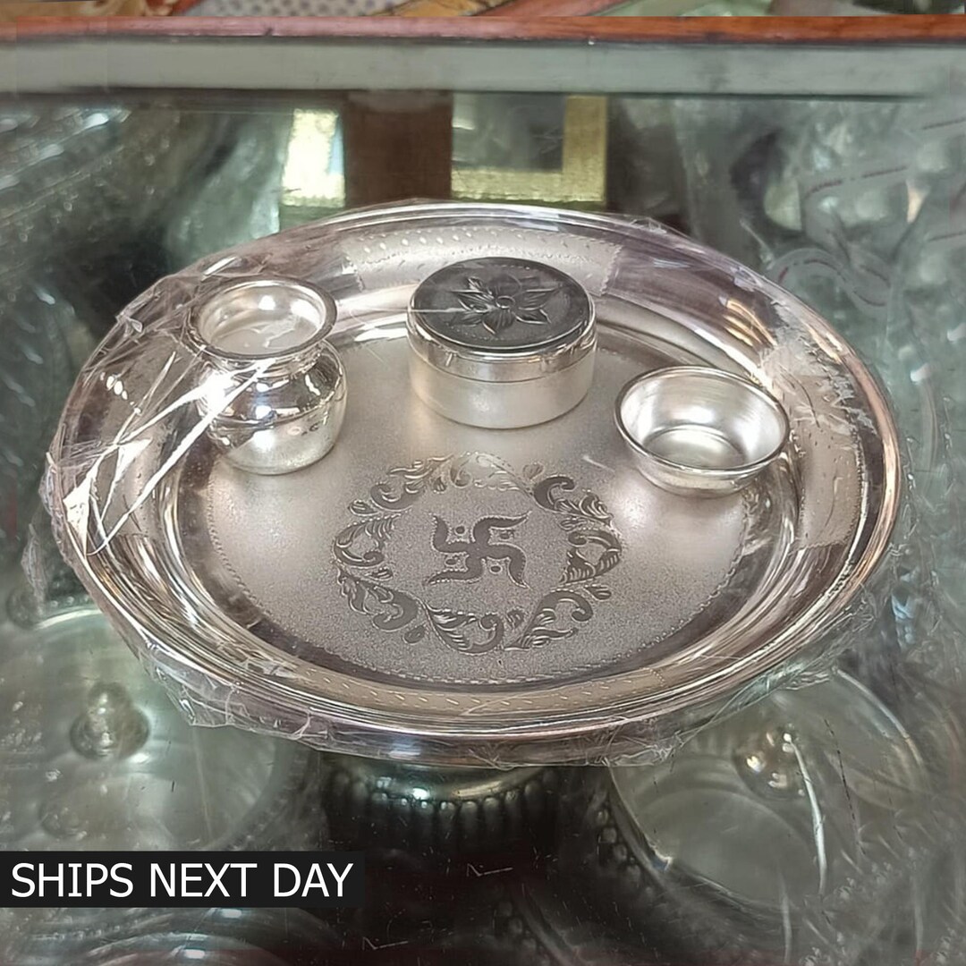 999 Pure Silver Thali for Pooja Pack of 4 Items Fix Attached Silver ...